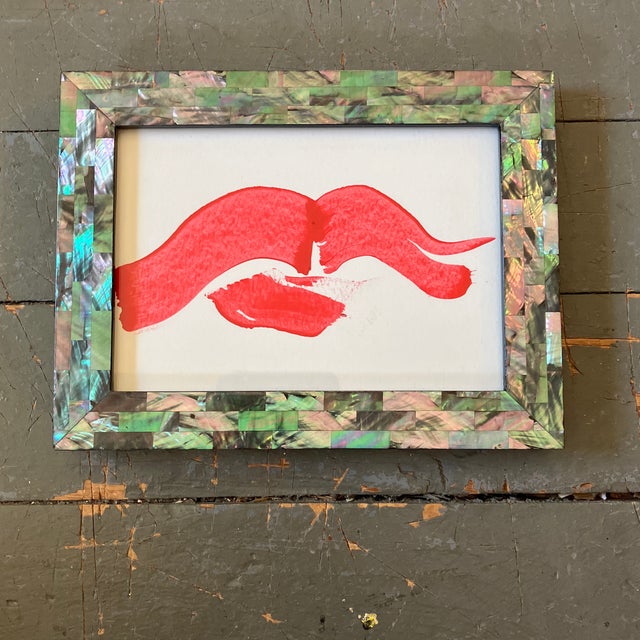 Contemporary “Flying Red Lips” Abstract Painting Mother of Pearl Inlaid ...