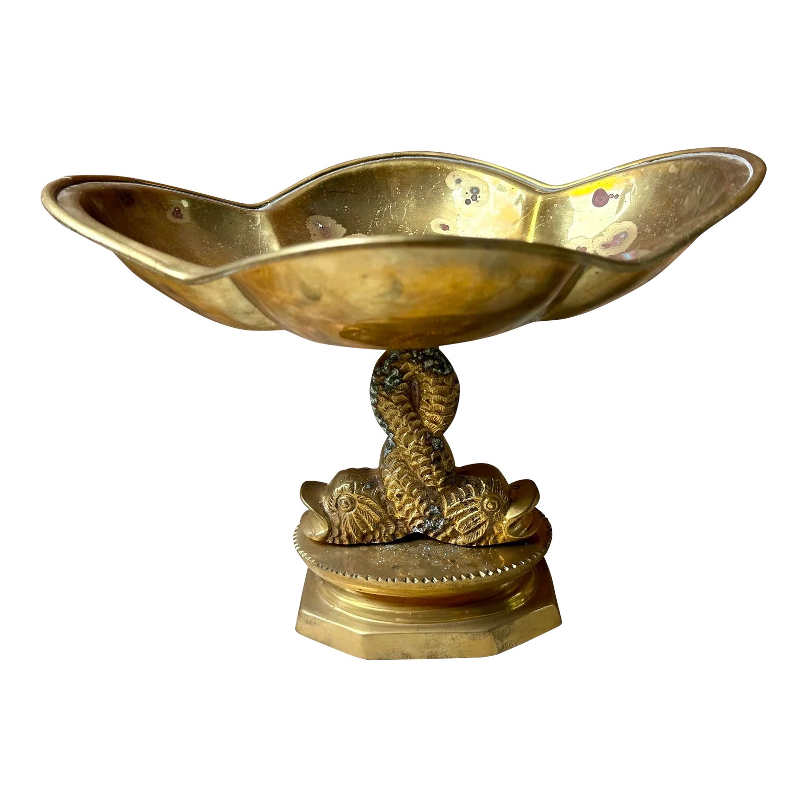 Vintage Large Brass Pedestal Bowl With Dolphin Foo Fish Base | Chairish