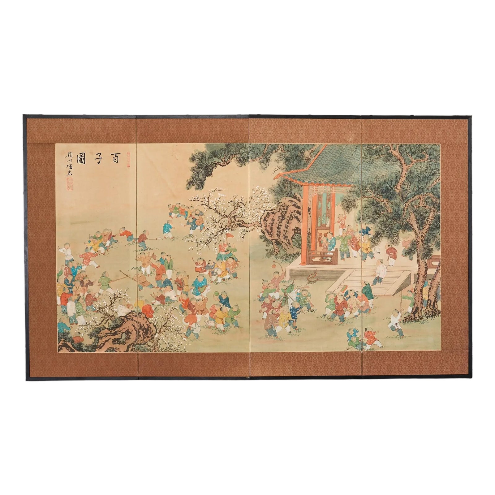 Kano School Four Panel Screen One Hundred Boys | Chairish