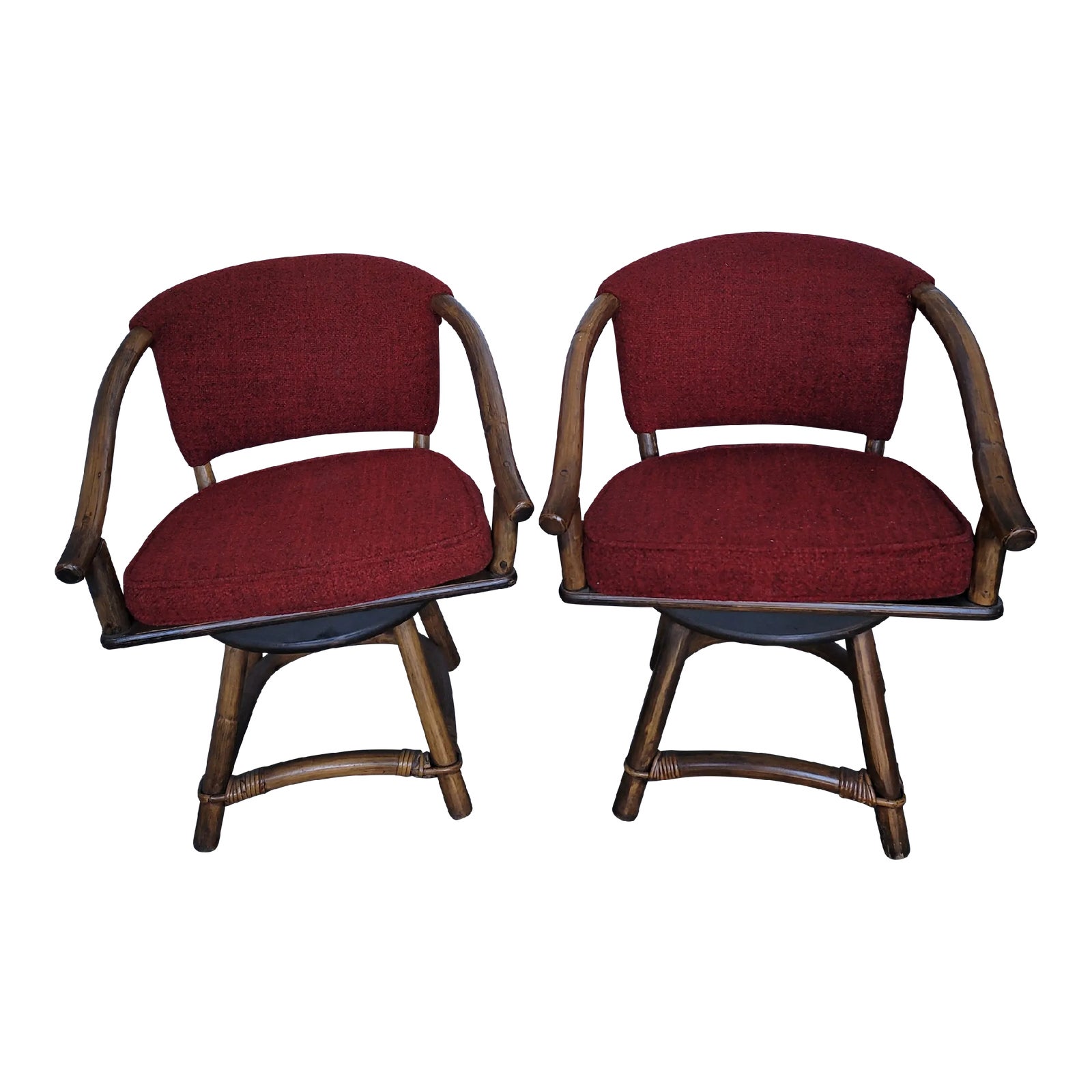 Vintage Eclectic Rattan Swivel Dining Chair Set Red Boucle Fabric (4 ...