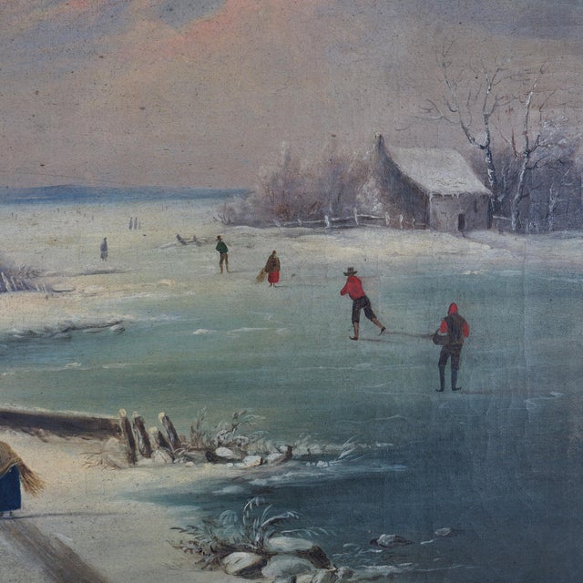 Antique Oil Painting Winter Landscape Painting with Ice Skaters in ...