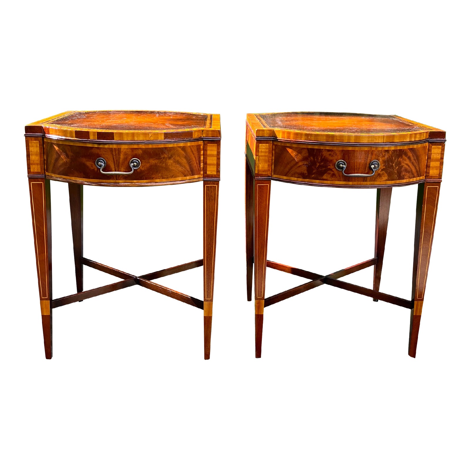 Leather Top Inlaid Mahogany Side Tables by Weiman Heirloom | Chairish