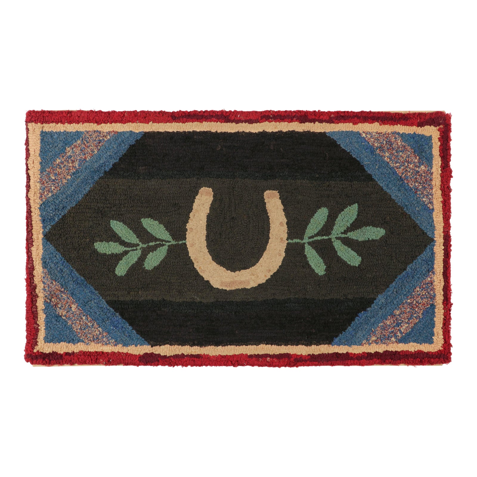 Antique Framed Hooked Rug, Dark Brown With Horseshoe Pictorial - Rug ...