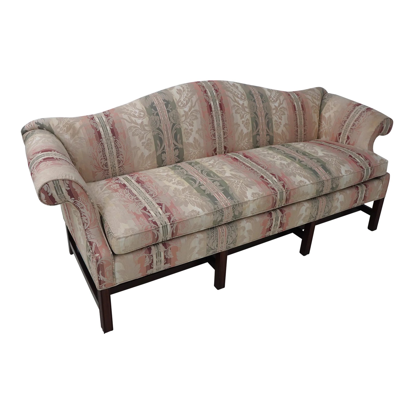Century Damask Upholstered Camelback Sofa | Chairish