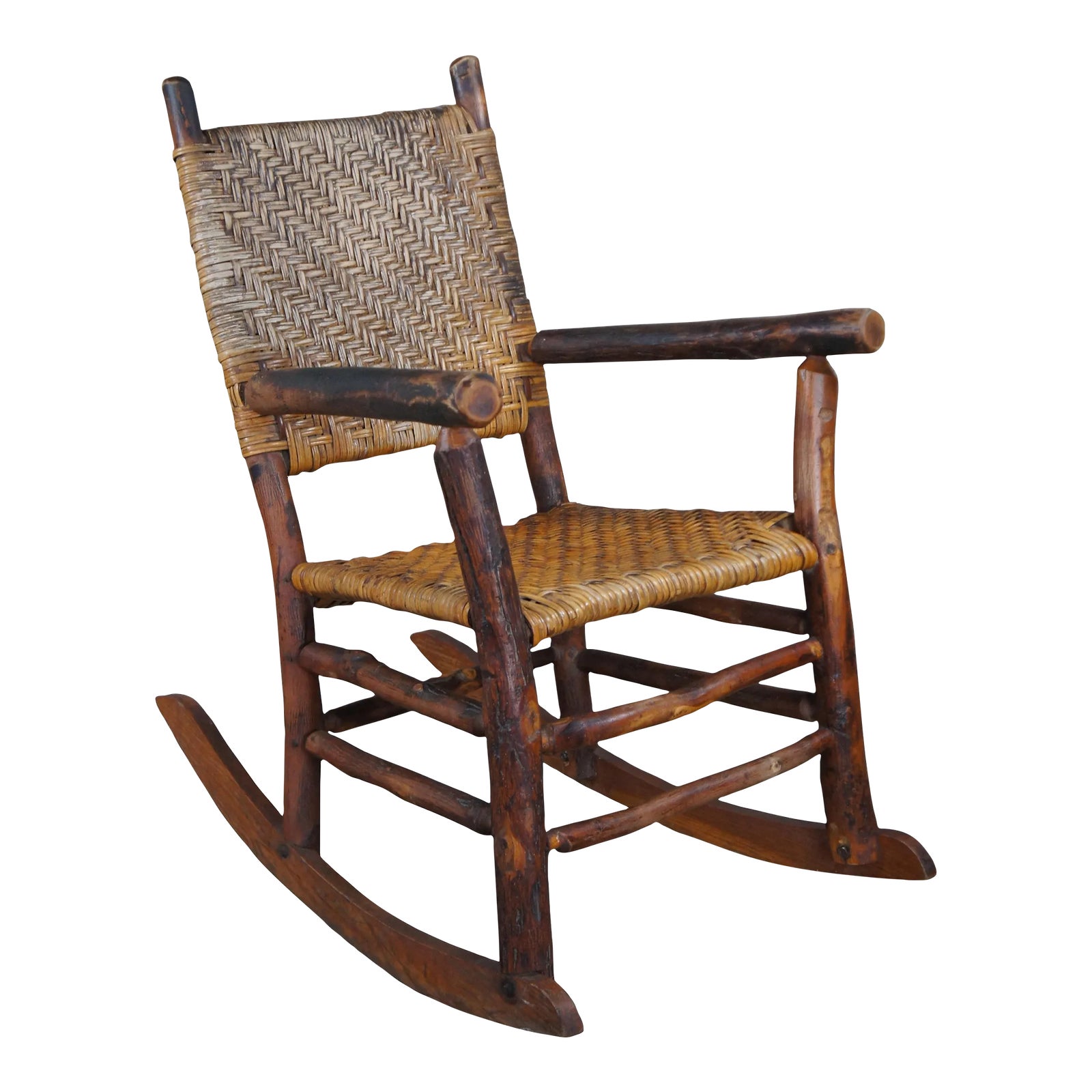 Mid 20th Century Primitive Old Handmade Hickory Rattan Woven Rocking ...