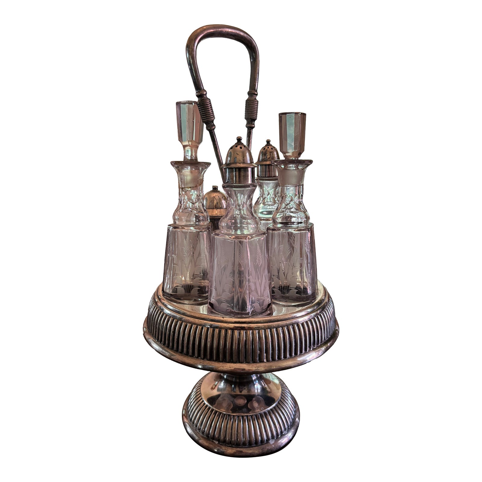 Antique Silverplate Crystal Cruet Caddy- 5 Pieces | Chairish