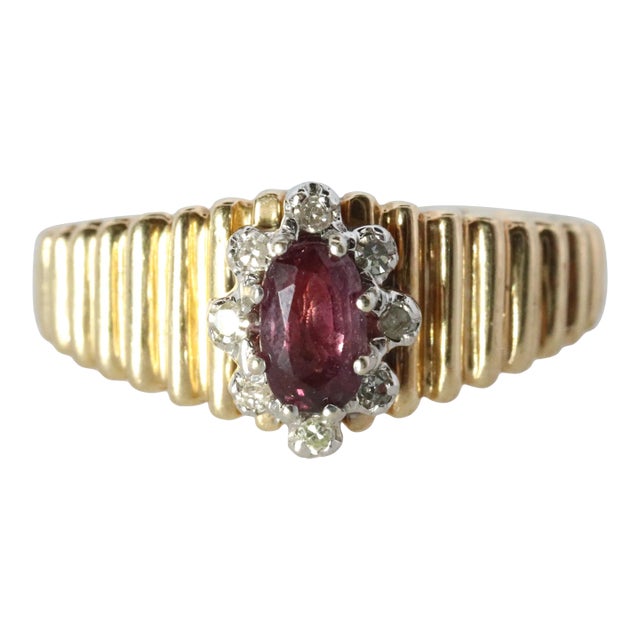 1980s 10k Yellow Gold Ribbed Shank Ruby Diamond Halo Ring Size 6 | Chairish