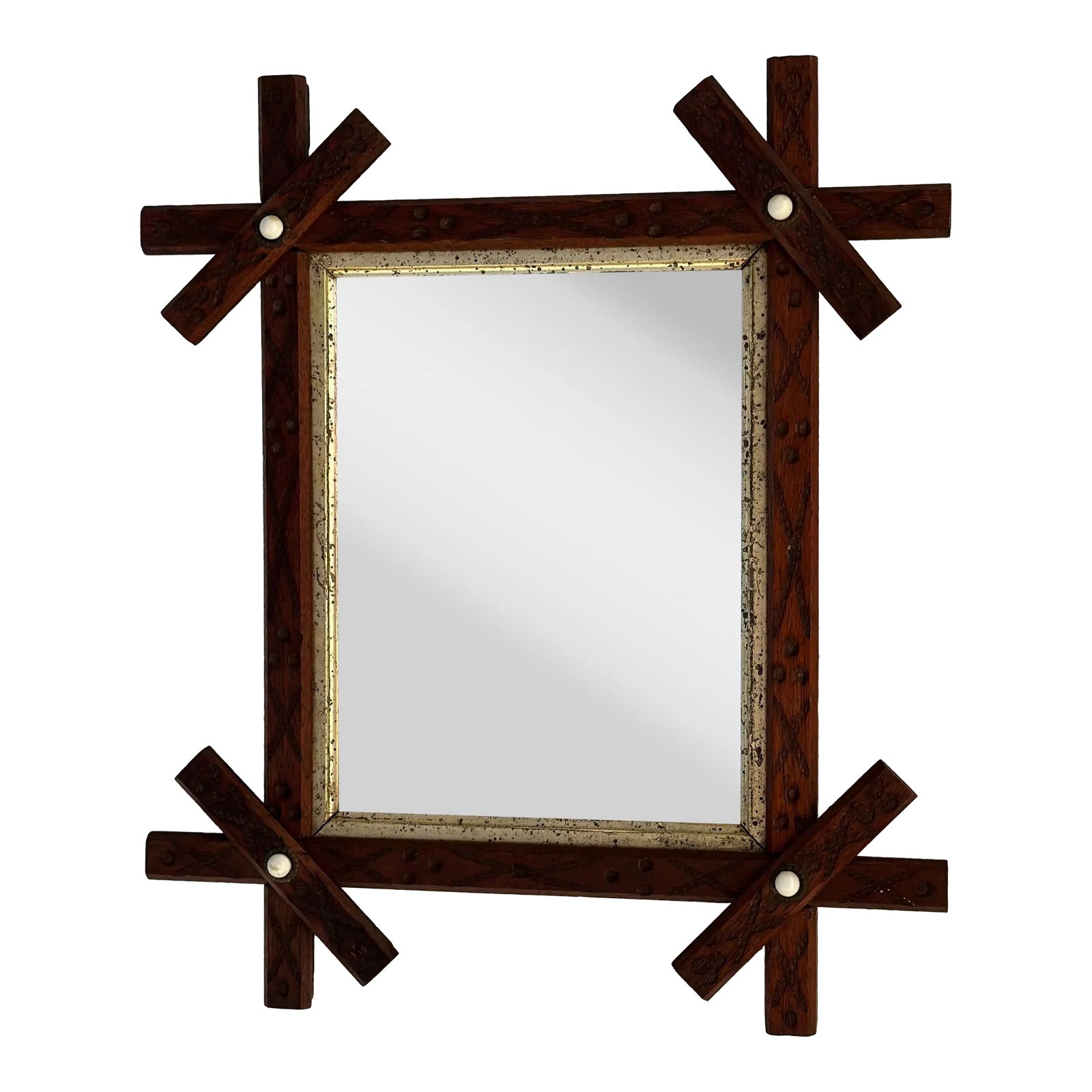 Antique Crosshatch Frame Mirror With Porcelain Cabochon Details, Circa ...
