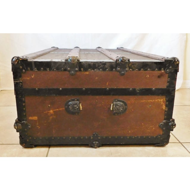 Antique Early 1900s Flat Top Wood Leather & Metal Steamer Trunk | Chairish