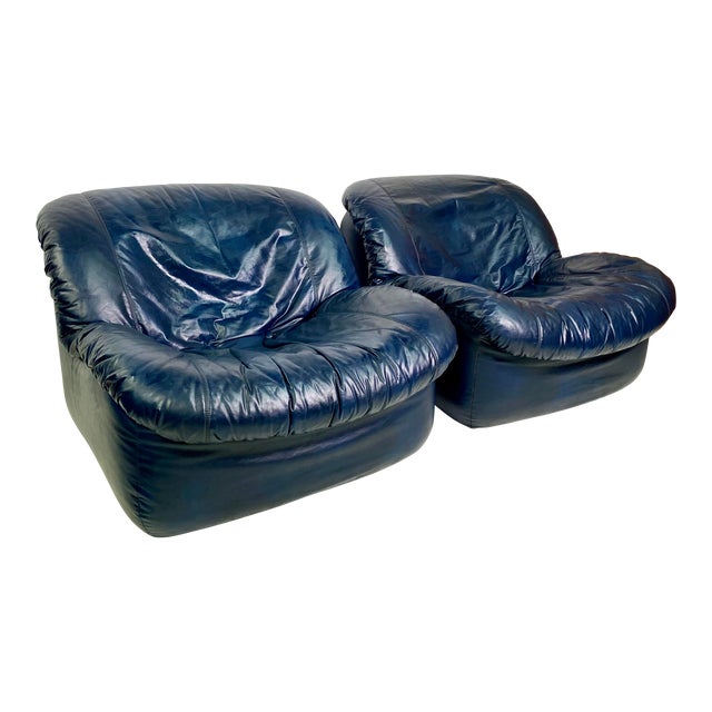 Pair Mid Century Blue Leather Matching Pod Style Chairs | Chairish