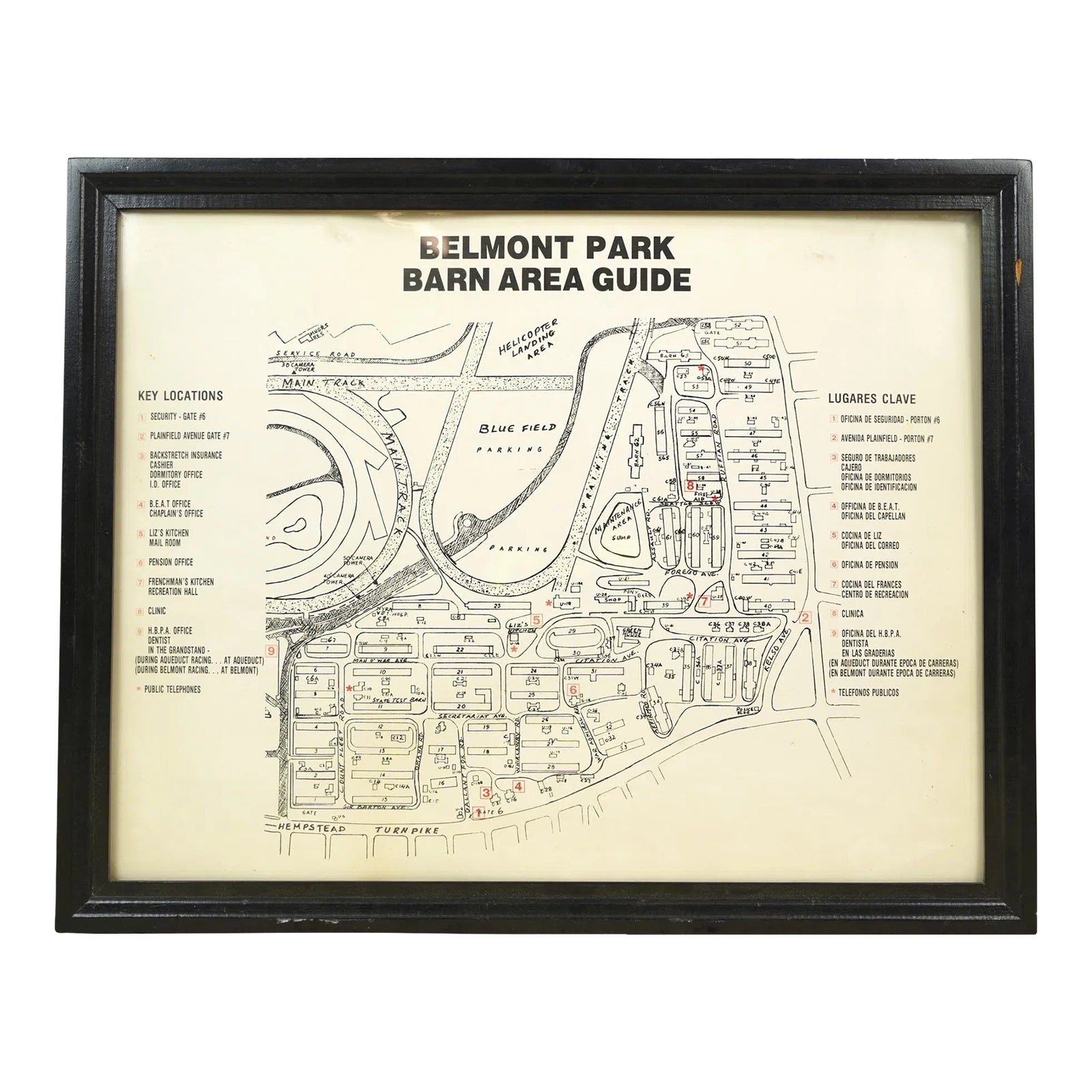 Late 20th Century Framed Belmont Park Barn Area Guide Map | Chairish