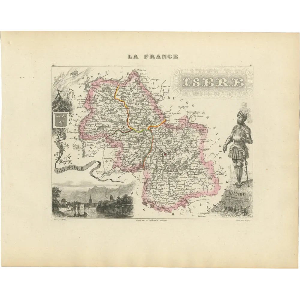 Antique French Map of Isère with Grenoble, 1800s | Chairish
