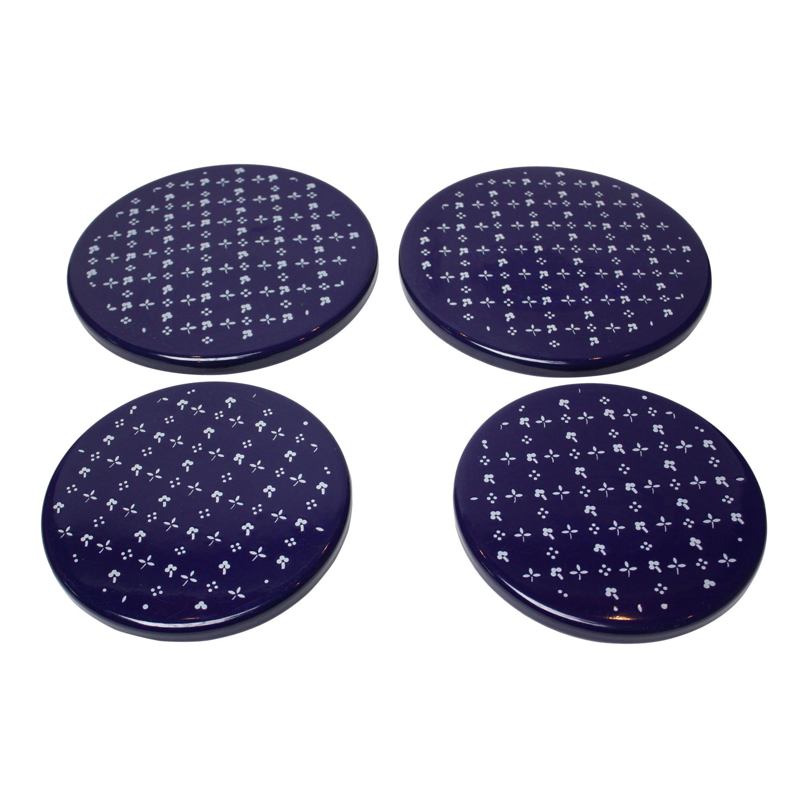 Set of Four Scandinavian Modern Indigo Enamel Trivets / Plates | Chairish