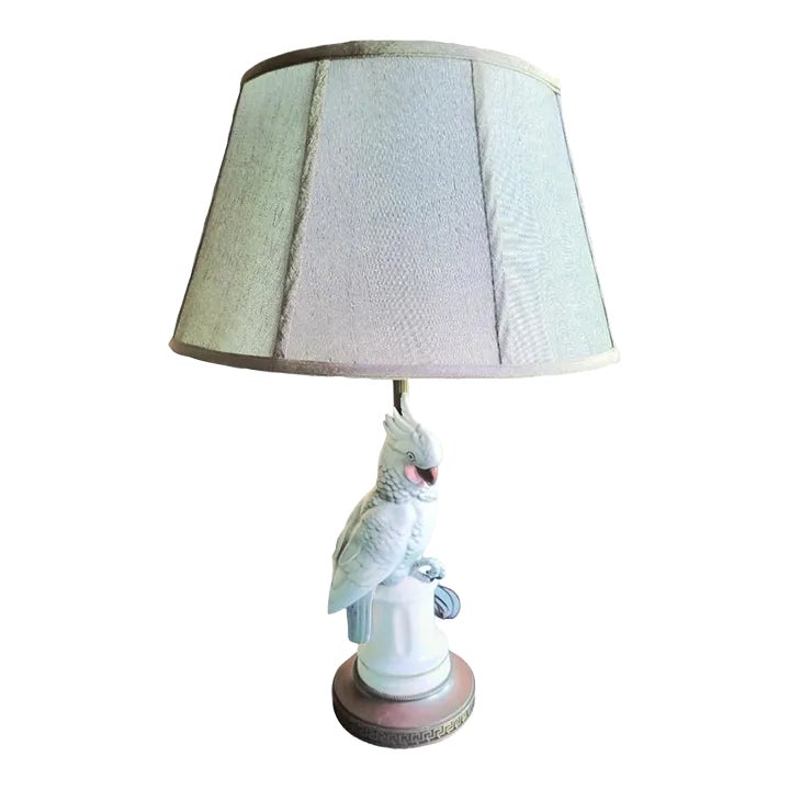 Vintage Ceramic Parakeet Greek Key Table Lamp With Silver Shade | Chairish