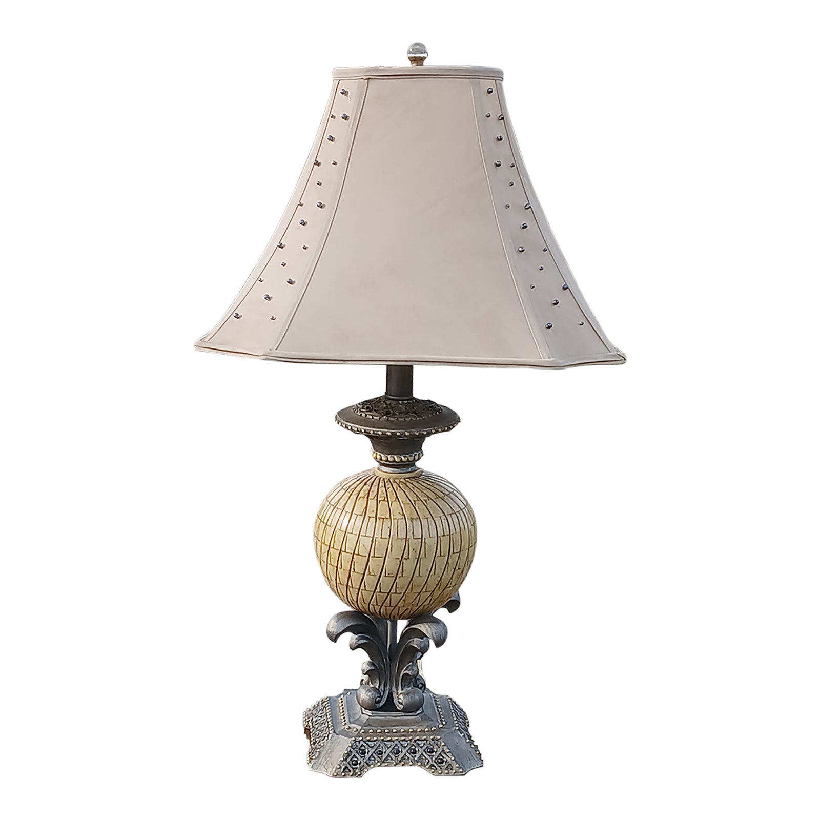 Vintage Ornate Table Lamp With Studded Shade | Chairish