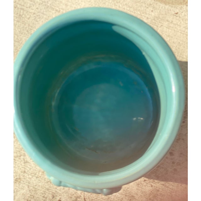 Mid Century Round Aqua Planter with Raised White Stripes | Chairish