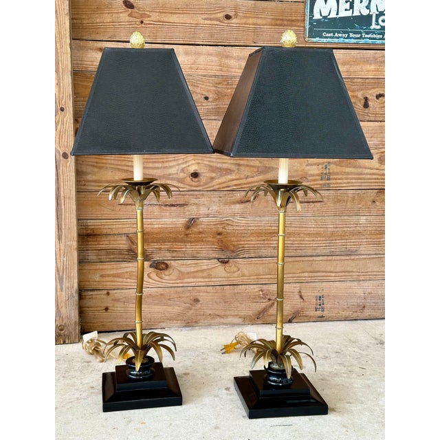 Vintage Coastal Regency Gild Metal Tole Palm Tree Table Lamps-Pair ...