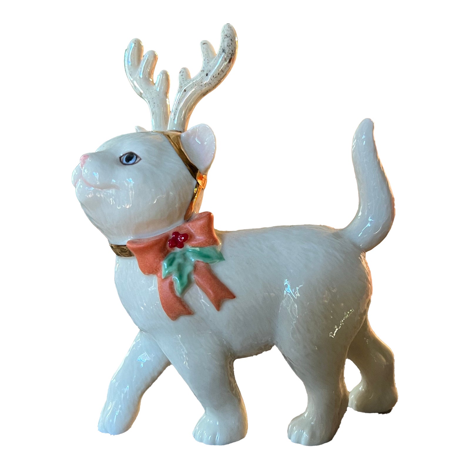 Vintage Lennox Ceramic Christmas Cat With Reindeer Antlers | Chairish