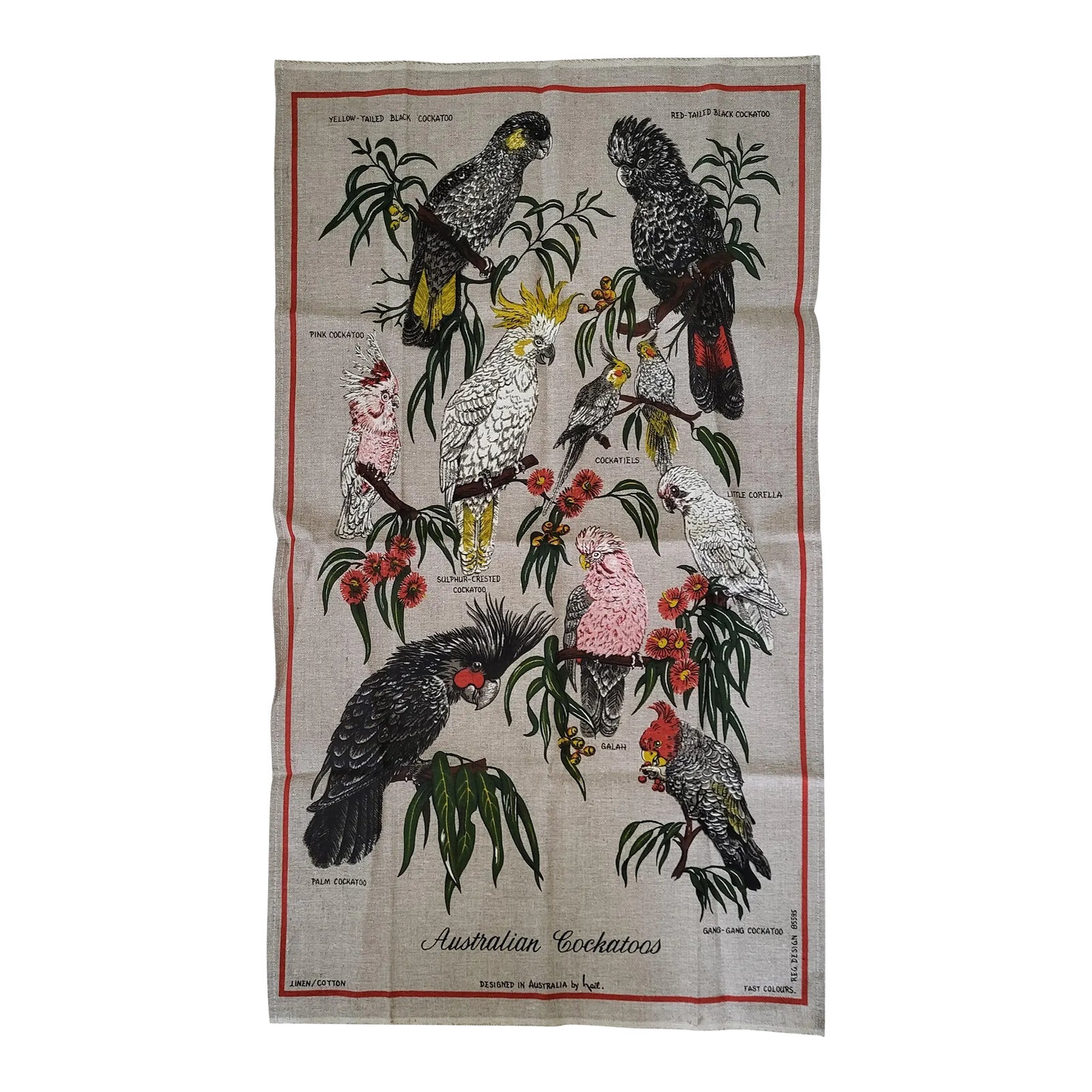 1960s Australian Cockatoos Linen Tea Towel, Made in Poland | Chairish