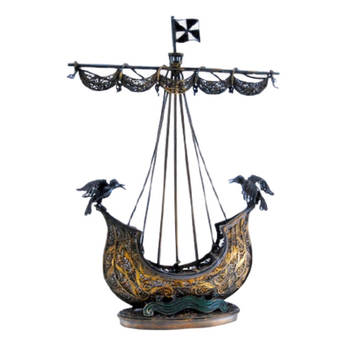 Silver Filigree Galleon with Flag and Symbol of the City of Lisbon ...
