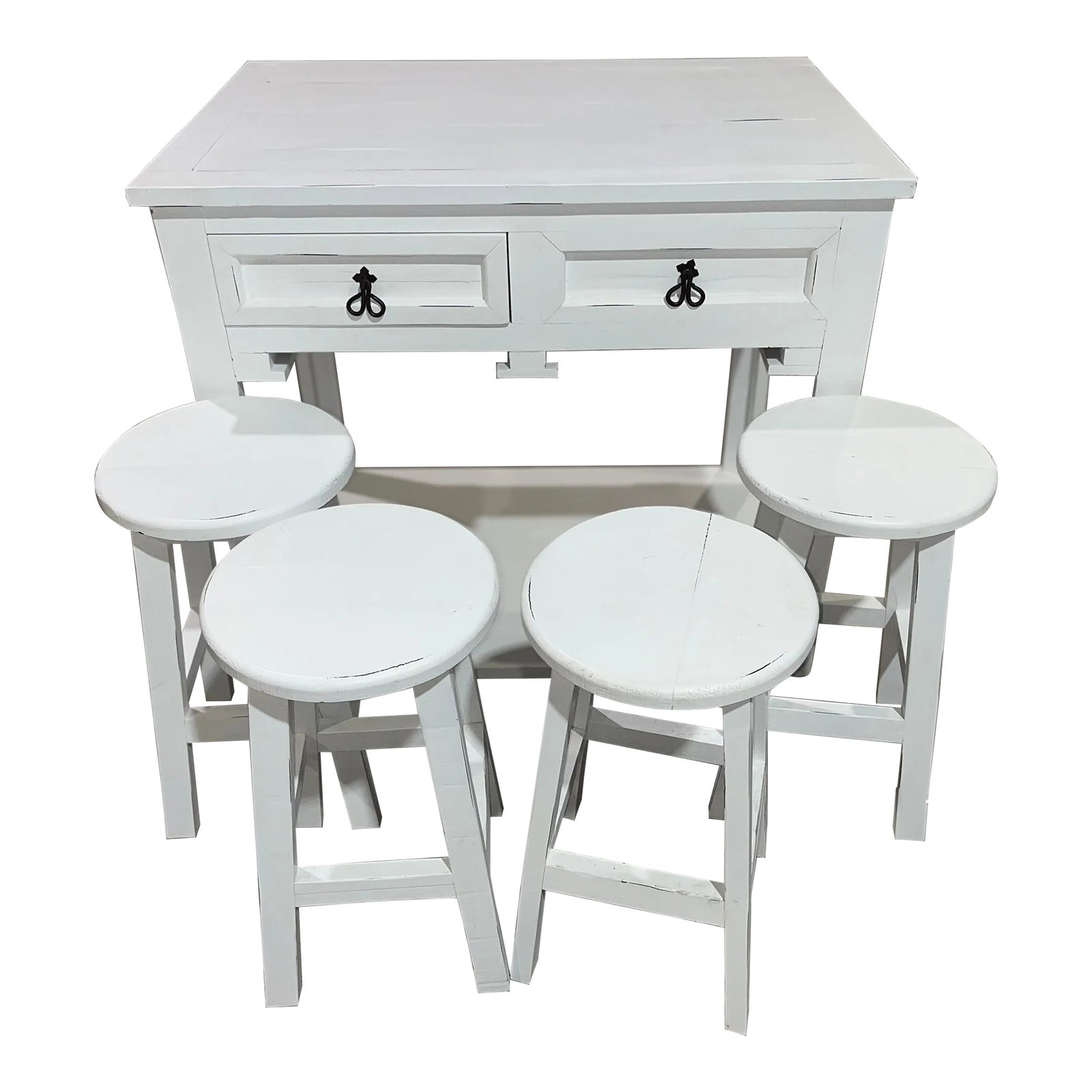 White Rustic Wood Kitchen Island & 4 Stools- Set of 5 | Chairish