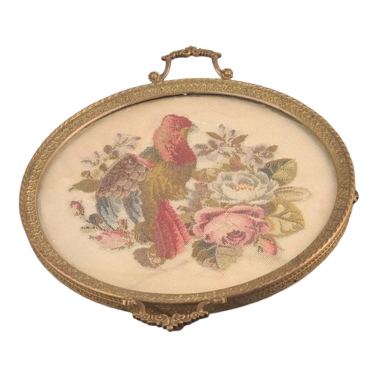 Antique Austrian Bronze Figural Bird Parrot Roses Petit Point Tray ...