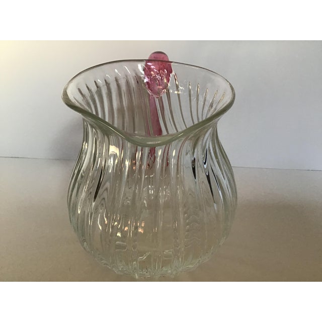 Vintage Ribbed Blown Glass Round Pitcher With Pink Glass Handle | Chairish