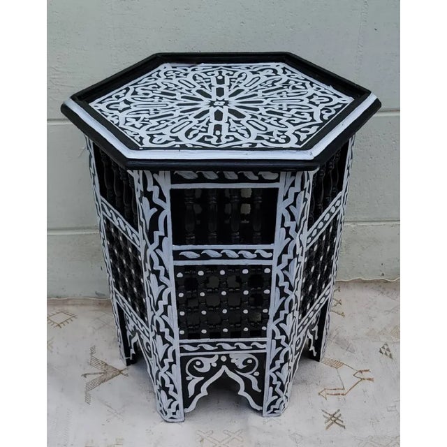 Moroccan Hexagonal Wooden Musharabu Black and White Side Table | Chairish