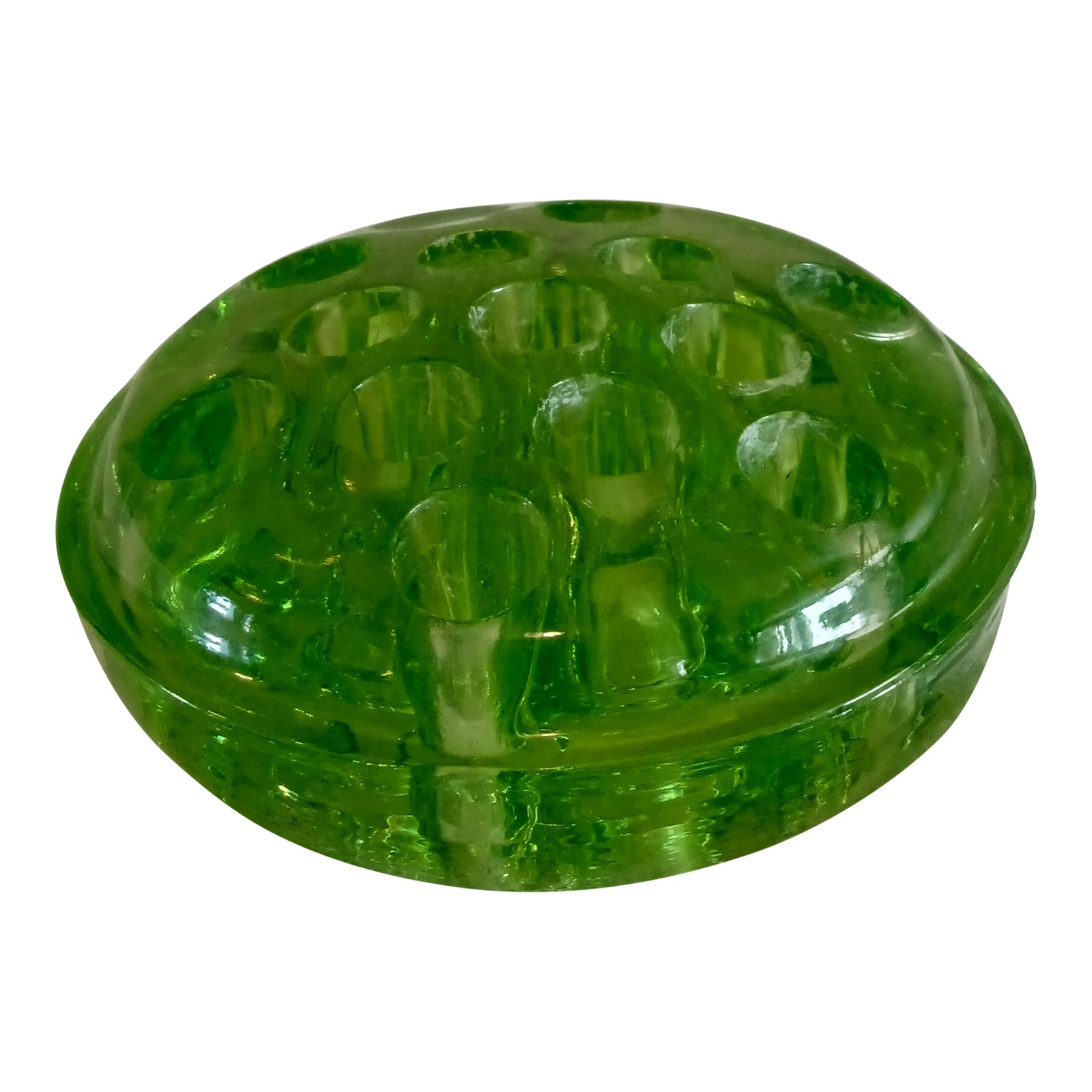 Vintage Green Uranium Glass 4 1/2" Flower Frog 13 Hole | Chairish