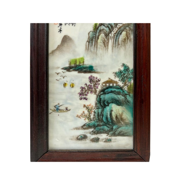 Chinese Wood Frame Porcelain Mountain Tree Scenery Wall Plaque Panel ...