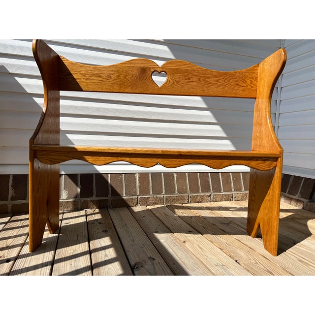 Antique Primitive Oak Bench Seat With a Heart Carved in the Backrest | Chairish