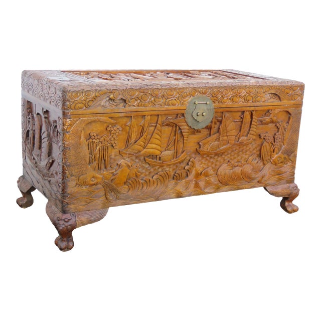 Late 19th Century Heavy Carved Asian Camphor Chest Blanket Trunk Casegoods Storage