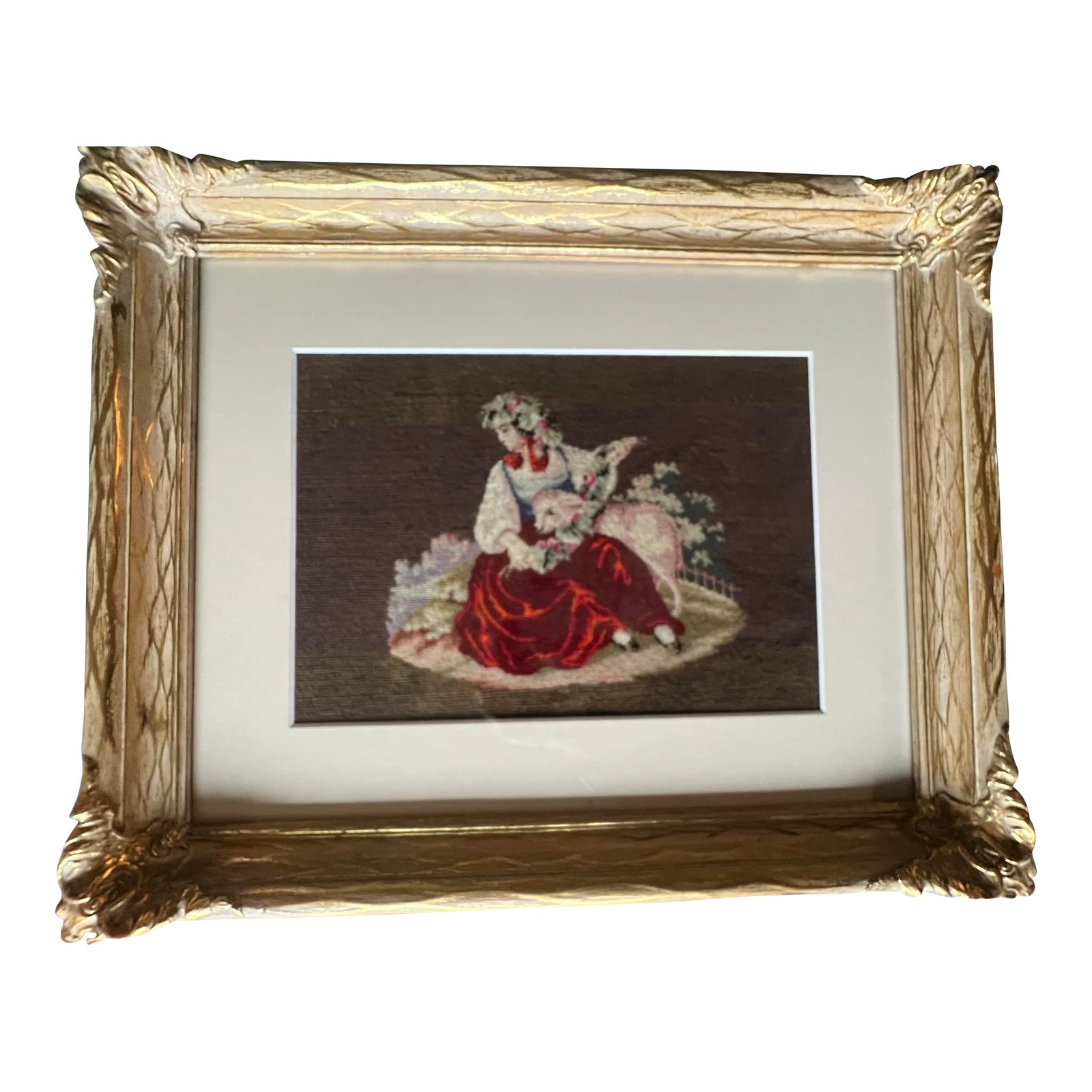 Antique Framed Needlework Petit Point Girl With Lamb | Chairish