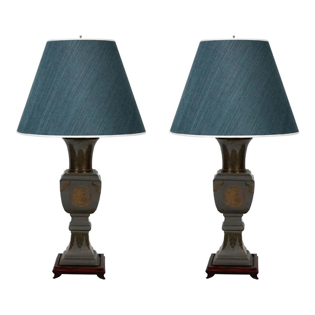 Pair of James Mont Style Brass and Bronze Lamps With Raised Asian Motif ...