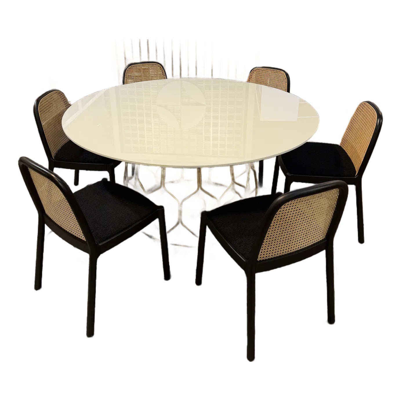 Cb2 Brass Circuit Round Dining Table With 6 Nadia Black Cane Chairs ...