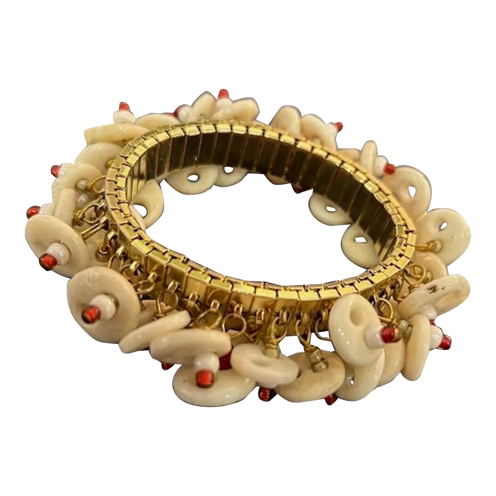 Mid-Century Expansion Bracelet With Glass Beads & Buttons | Chairish