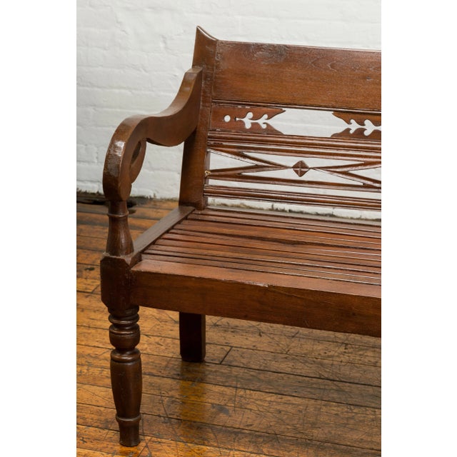 Dutch Colonial Bench with Carved Back, Scrolling Arms and Turned ...