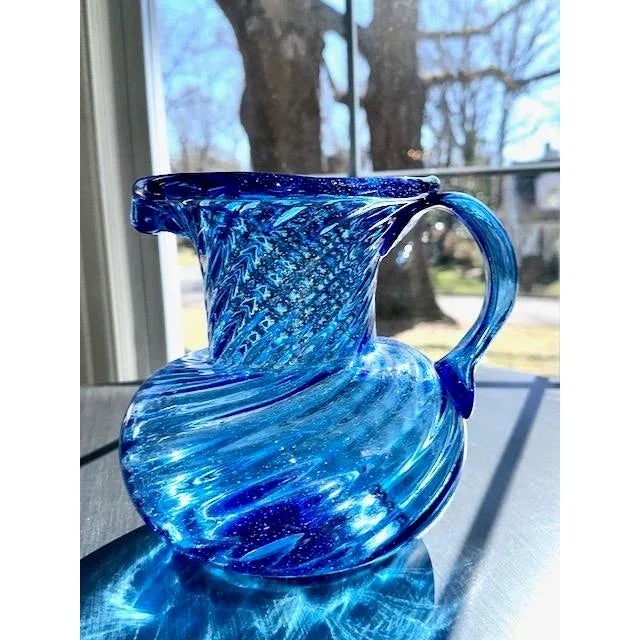 Large Vintage Blue Swirl Glass Pitcher | Chairish