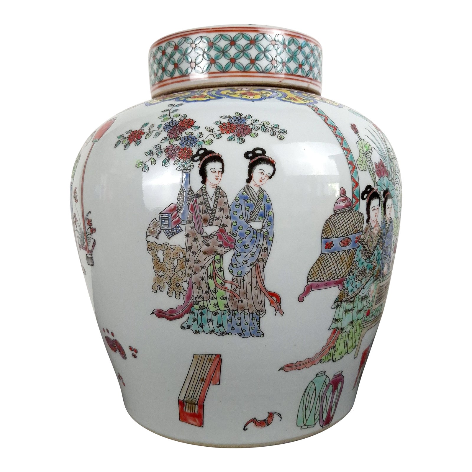 A Large Chinese Porcelain Court Ladies Garden Scene Lidded Jar | Chairish
