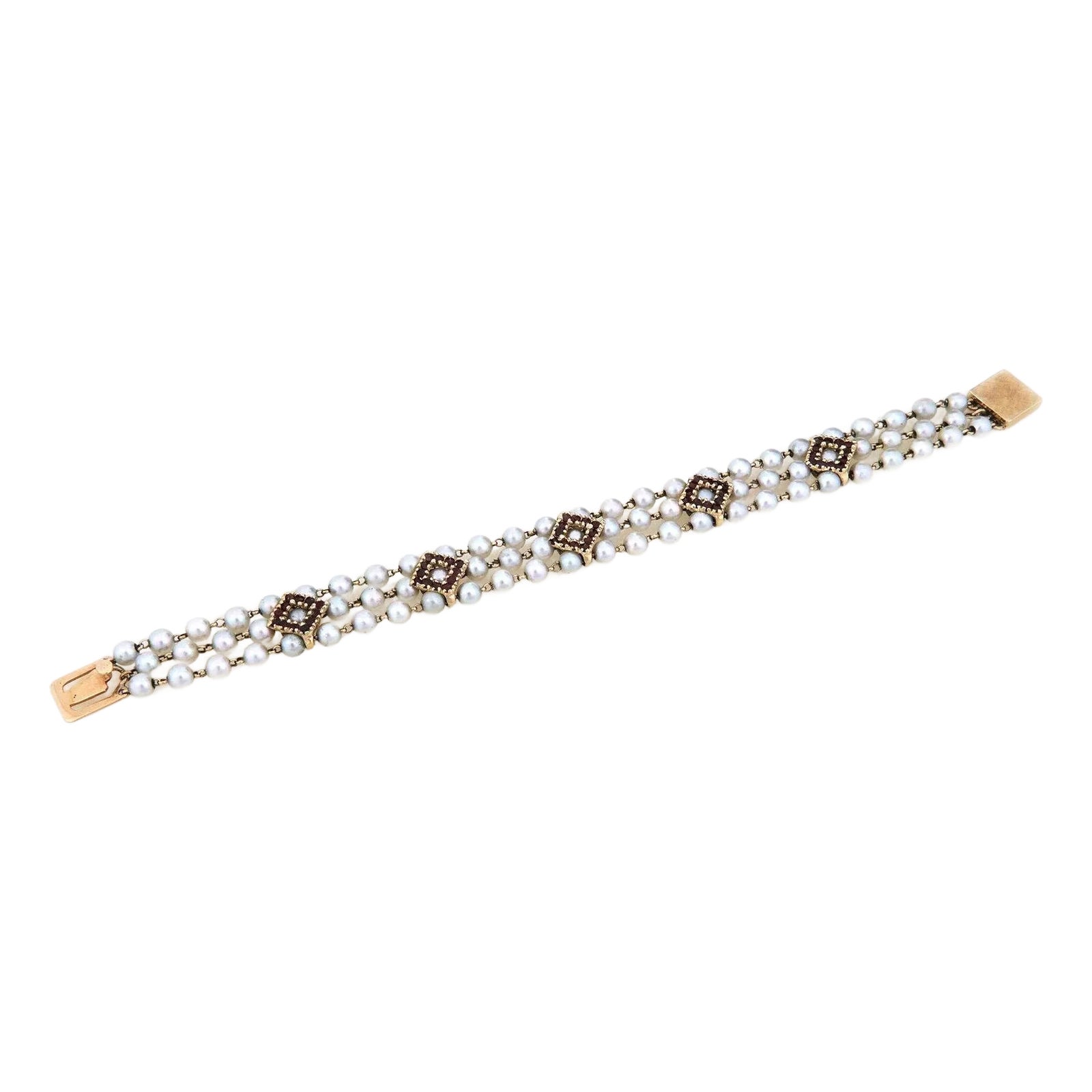 Lucien Piccard Vintage Ruby Pearls 14k Gold 3 Strand Bracelet- | Chairish