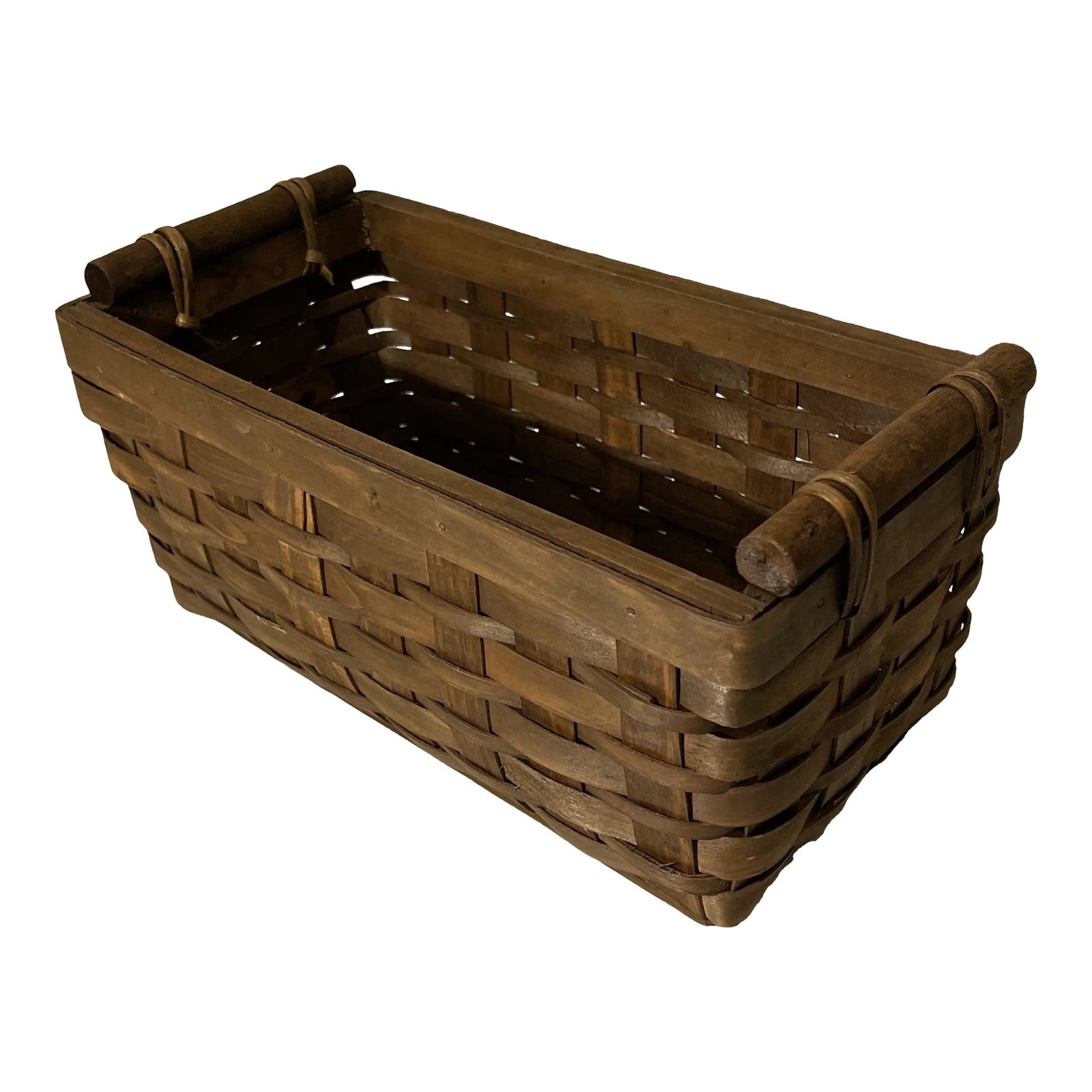 Mid 20th Century Woven Wood Rectangle Basket | Chairish