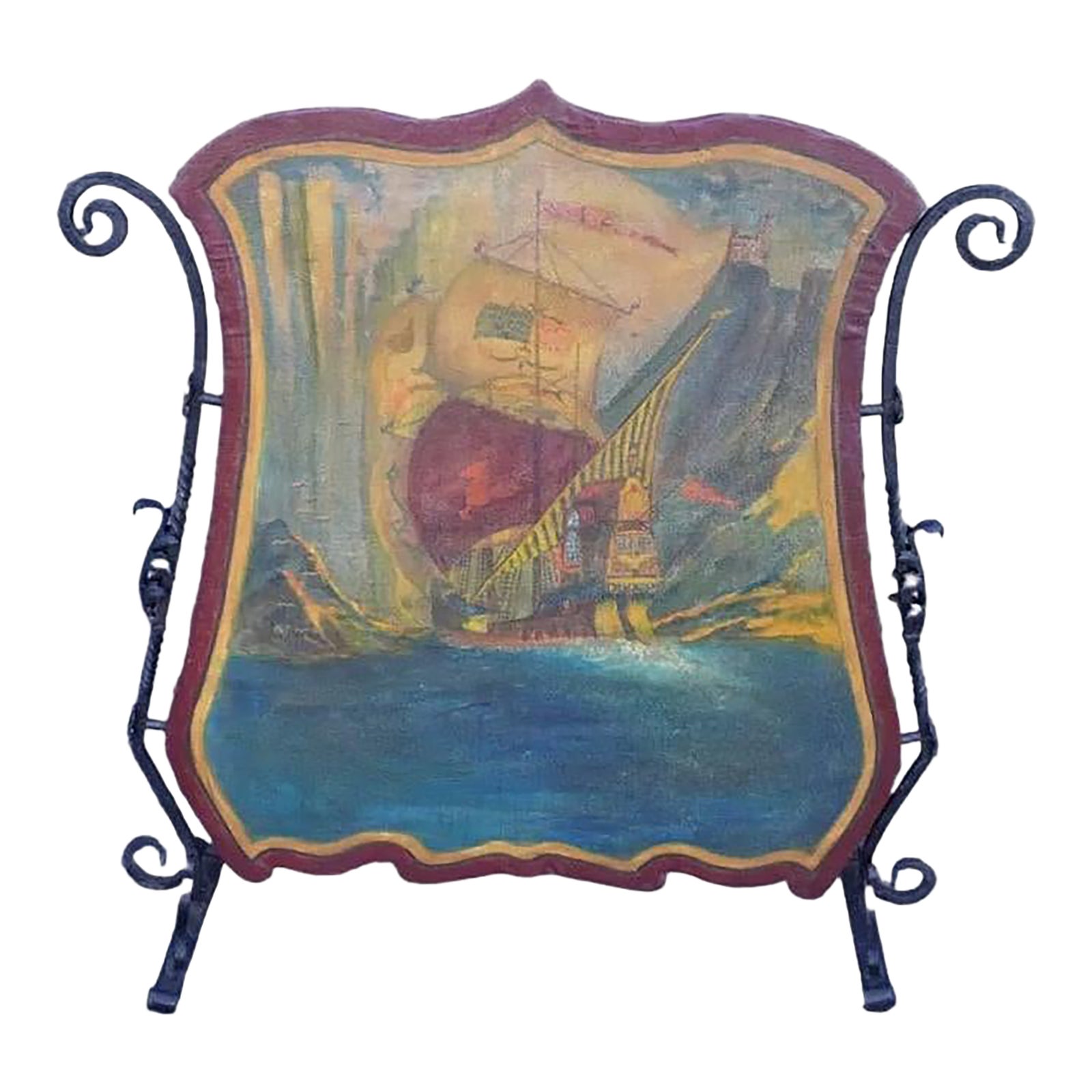 Spanish Revival Galleon Painted Screen | Chairish