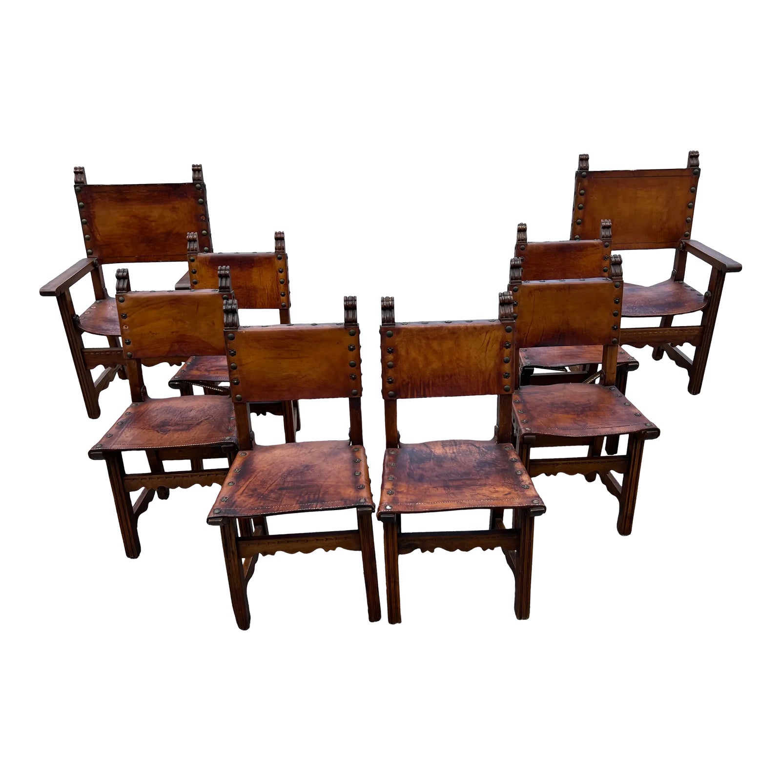 19th Century Set of 8 Leather Jacobean Revival Chairs | Chairish