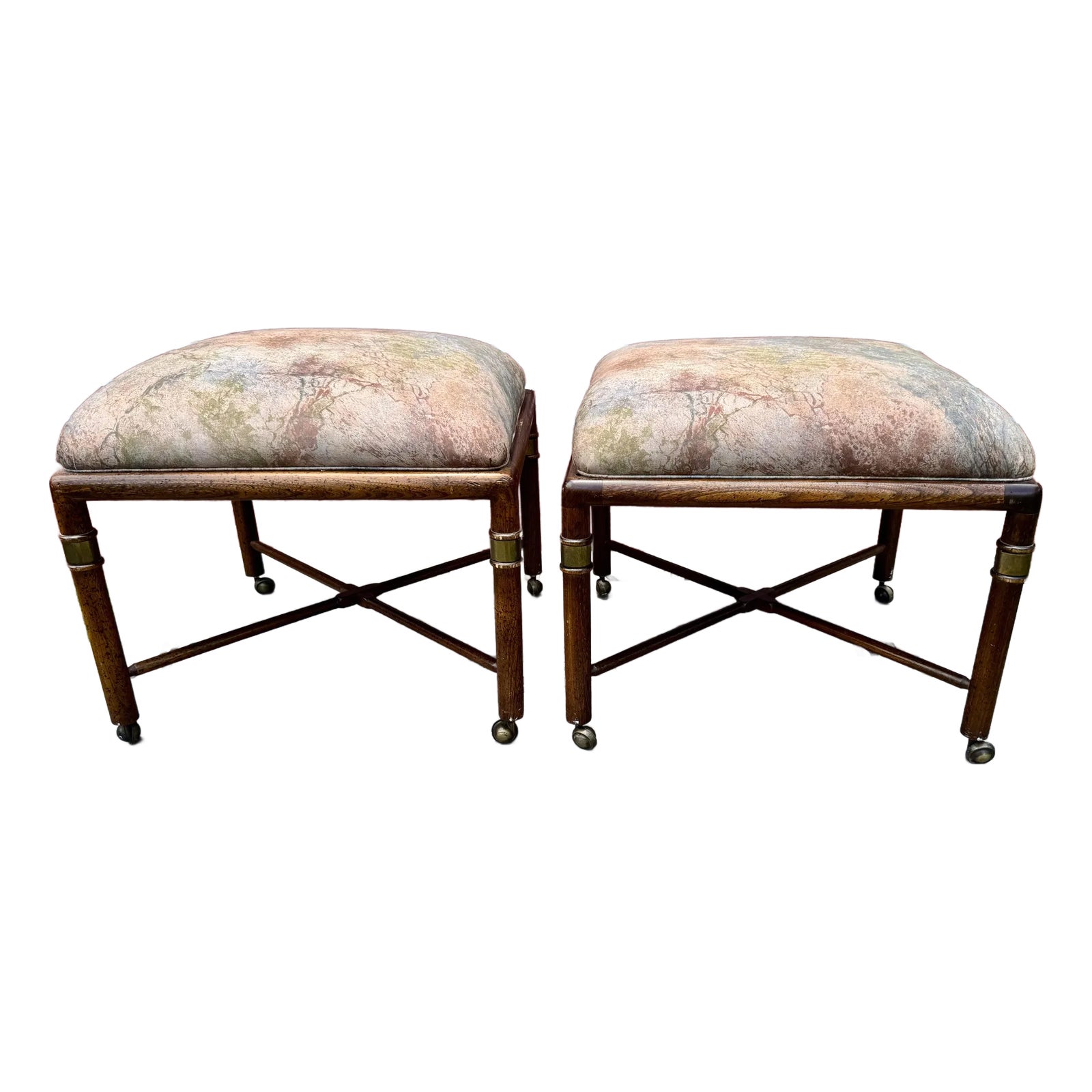 1980s Mid Century Vintage Modern Pair of Wood and Brass Ottomans Stools ...