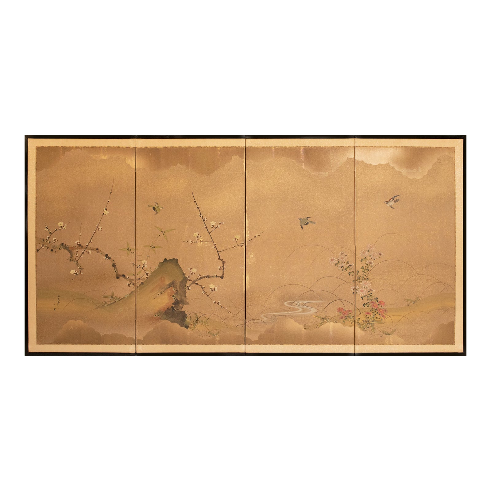 1960s Shōwa Era Japanese Byobu Screen by Issai, "Sakura and Sparrows ...