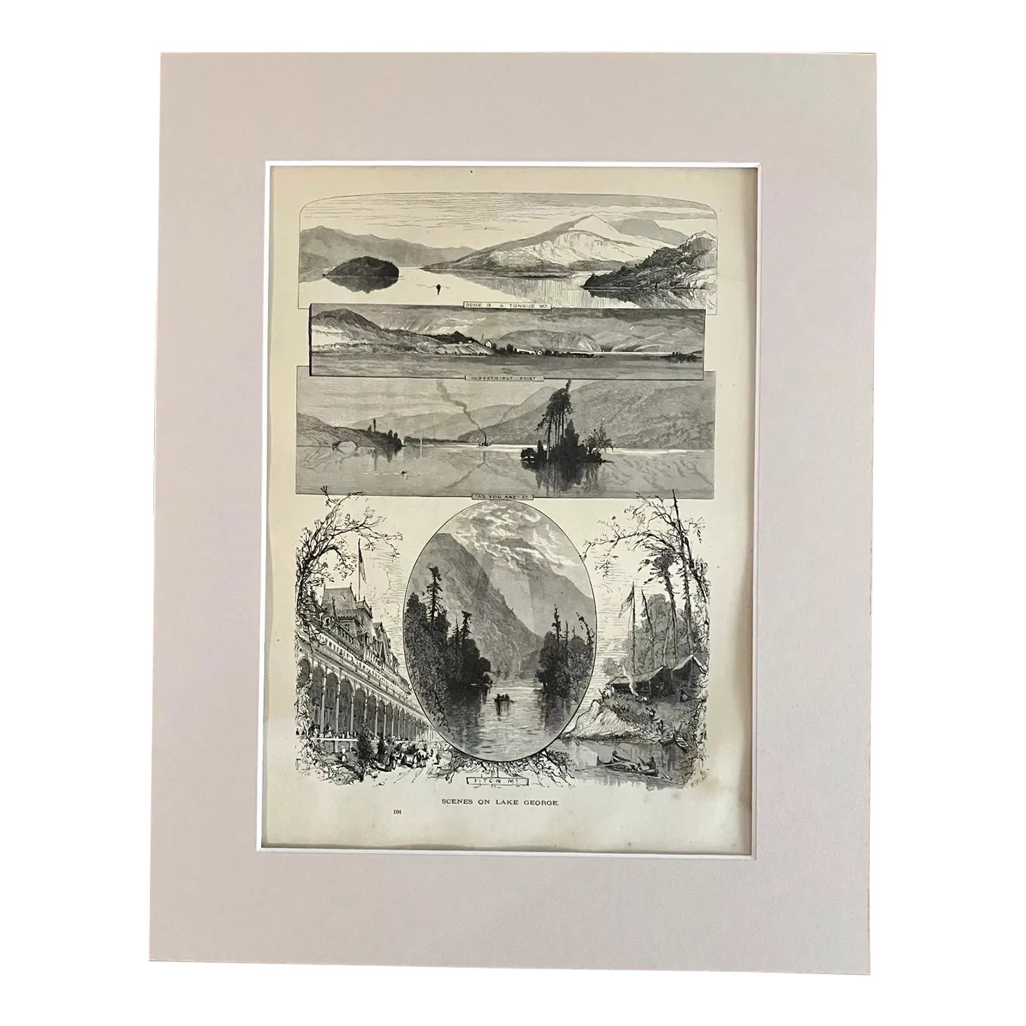 Antique 1874 Wood Engraving, "Scenes on Lake George" NY in Frame-Ready ...