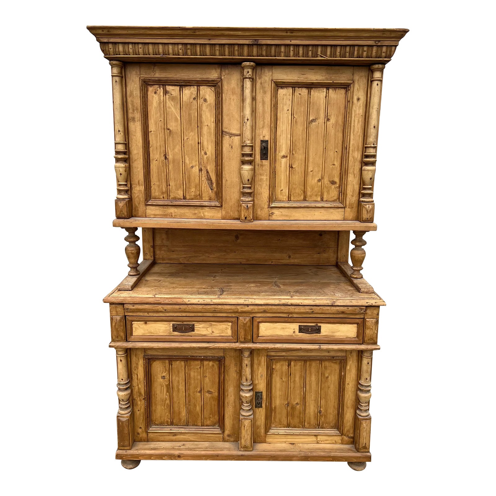 Early 1900s Pine Carved Step-Back Hutch | Chairish