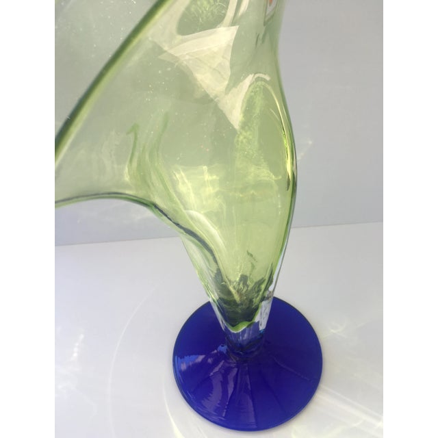 Unique Blenko Glass Co Art Deco Fan Green & Colbalt Blue Vase | Chairish