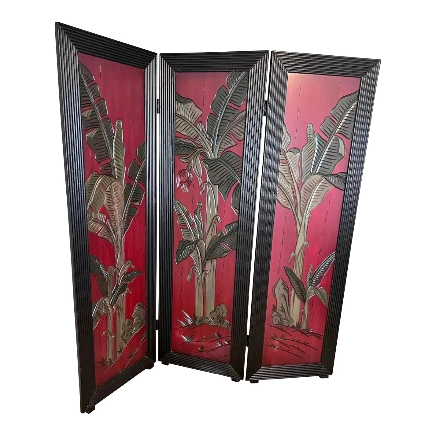 Late 20th Century Three-Panel Asian Screen With Palm Leaf Accent Red on ...