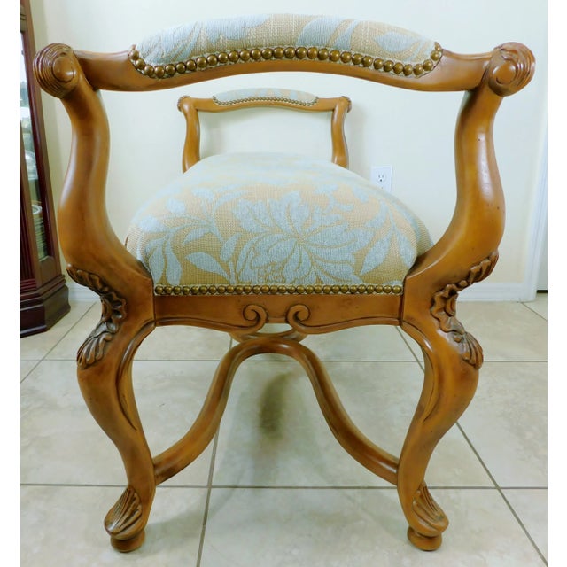 Vintage Light Blue & Beige Upholstered Brass Studded Carved Wood Bench ...